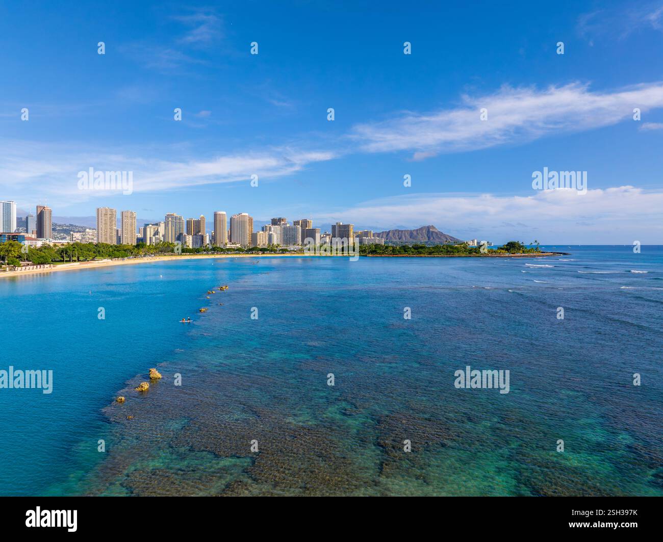 Aerial View of Waikiki Beach and Diamond Head Crater in Honolulu Stock ...