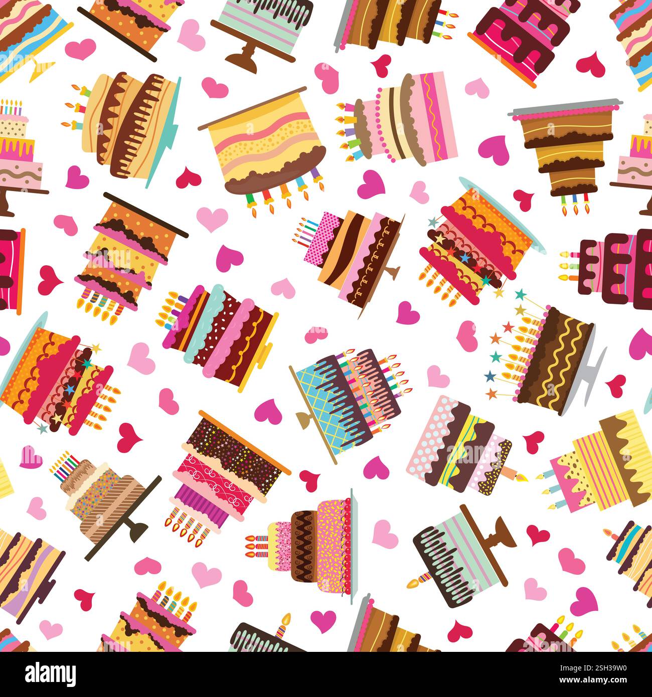 Seamless Pattern with colorful hearts, sweet cakes and pies. Vector ...