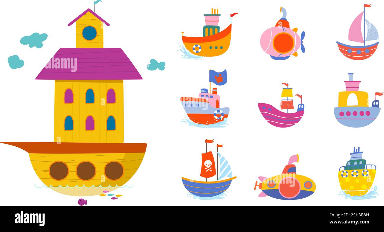 Sea ships, boats and submarine. Various marine nautical transport, children toys. Bright ...