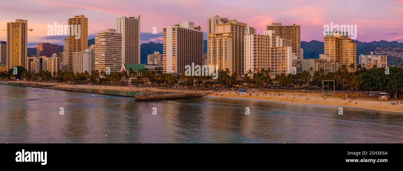 Aerial Sunset View of Waikiki Beach and Honolulu Skyline, Oahu Stock ...