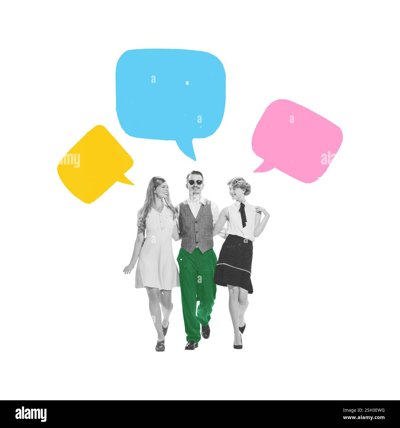 Conceptual art collage. Man walking between two women, all engaged in ...