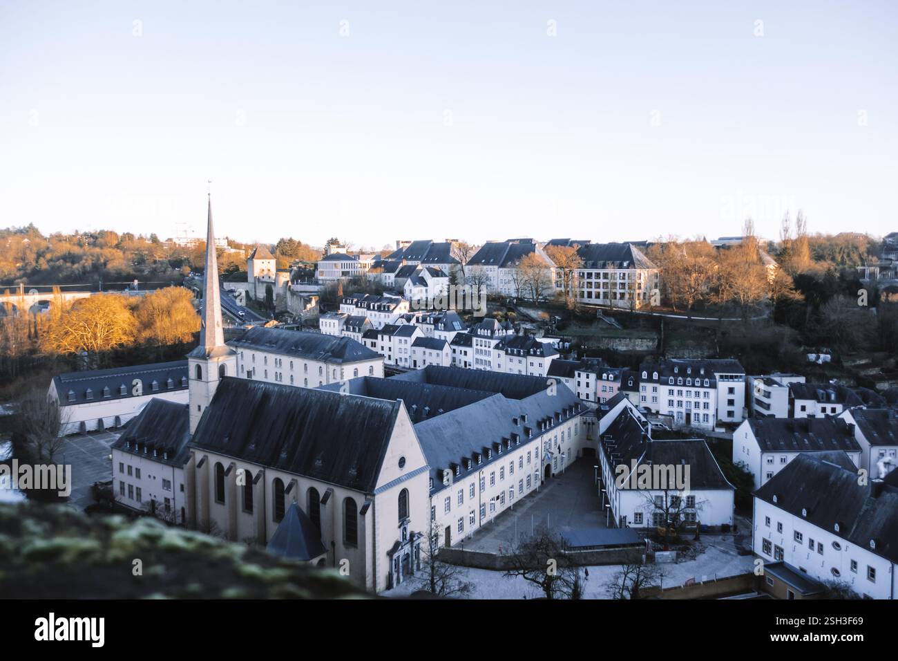 Aerial panoramic view of the lower city (Grund) in Luxembourg City from ...