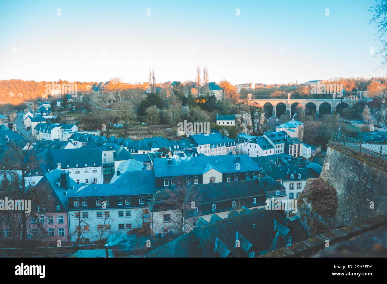 Aerial panoramic view of the lower city (Grund) in Luxembourg City from ...