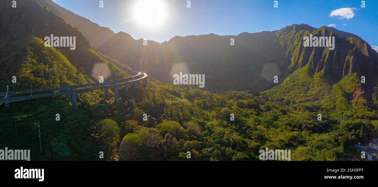 Aerial View of Lush Valley and Elevated Highway on Oahu Island Stock ...