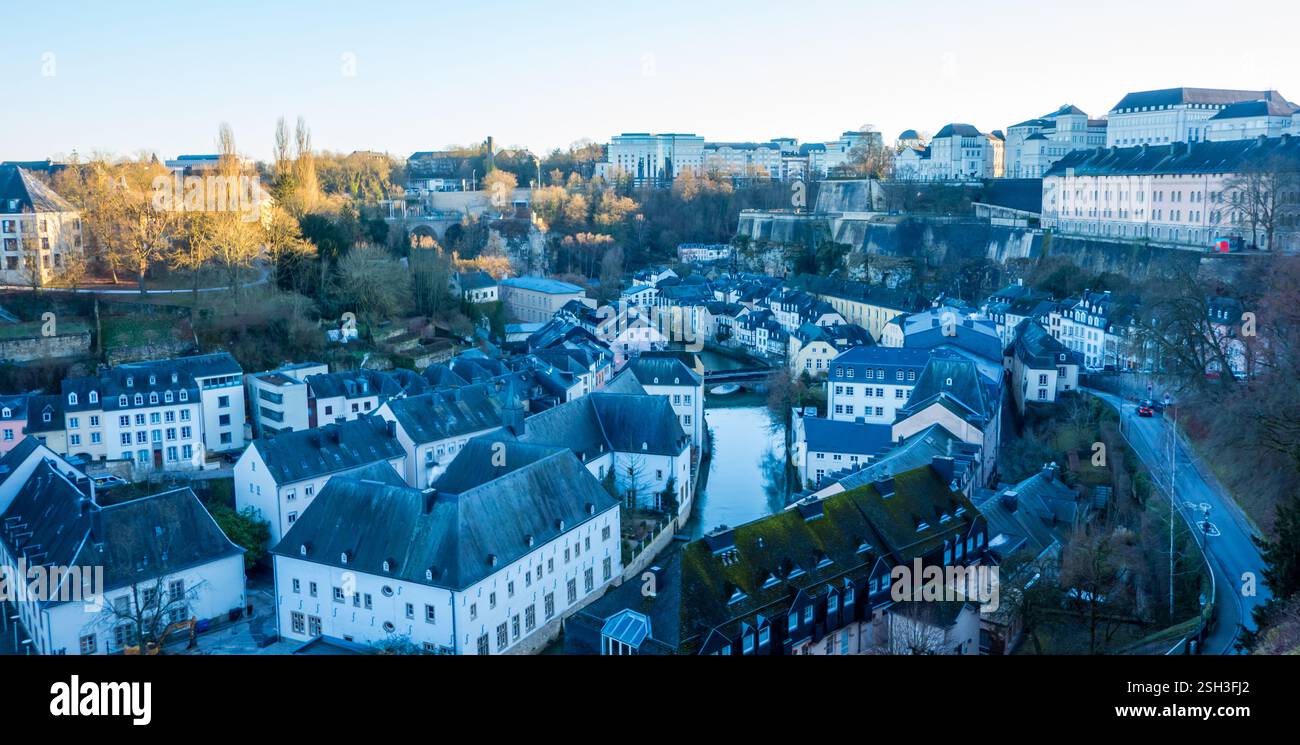 Aerial panoramic view of the lower city (Grund) in Luxembourg City from ...
