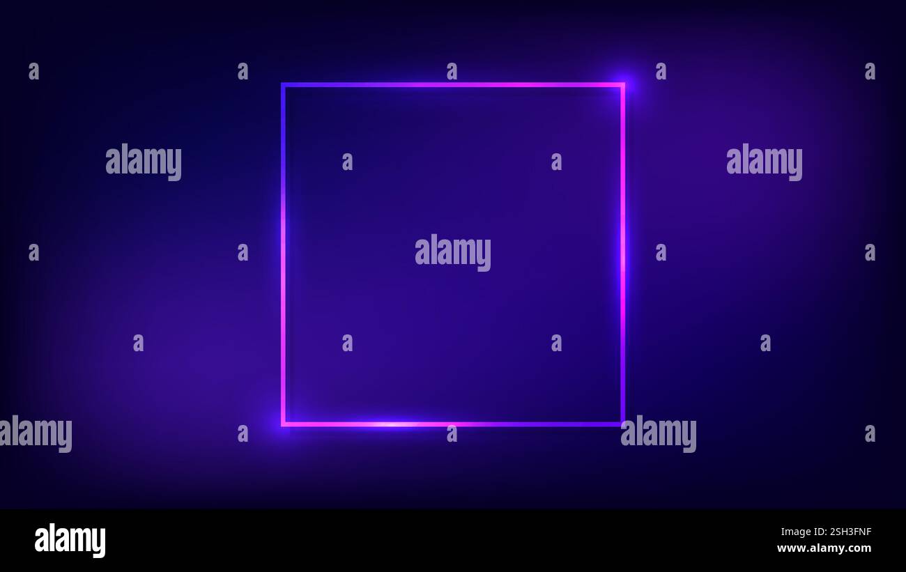 Neon square frame with shining effects on dark background. Empty glowing techno backdrop. Vector ...