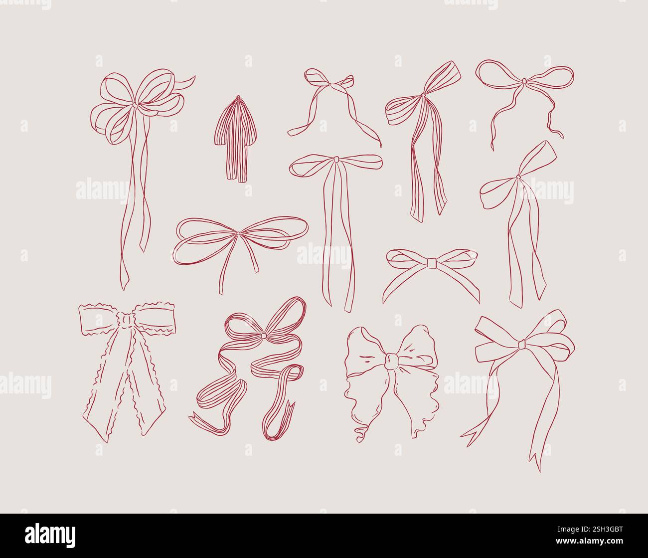Ribbon bows hand drawn sketch drawing with red on light background ...