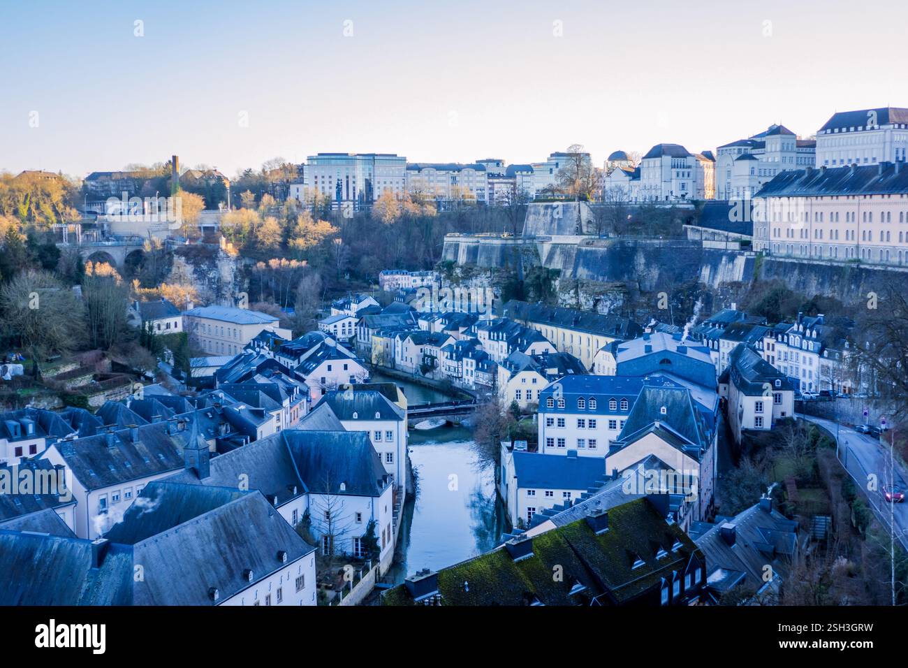 Aerial panoramic view of the lower city (Grund) in Luxembourg City from ...