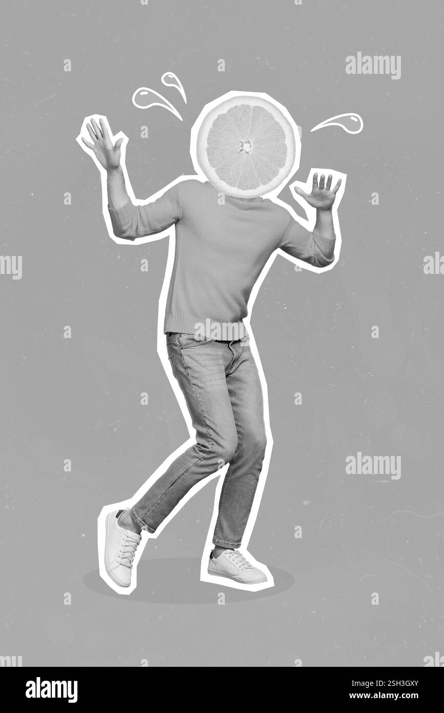 Composite collage photo of young headless active guy orange slice fresh ...