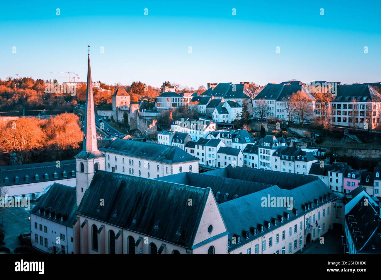 Aerial panoramic view of the lower city (Grund) in Luxembourg City from ...