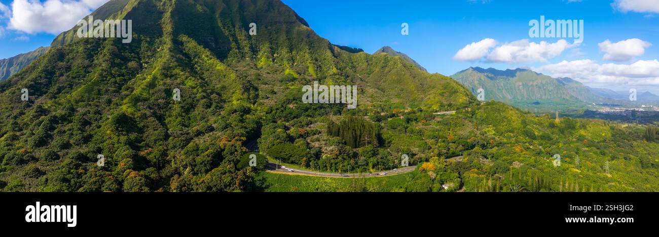 Aerial View of Ko olau Mountain Range and Winding Road in Oahu Stock ...