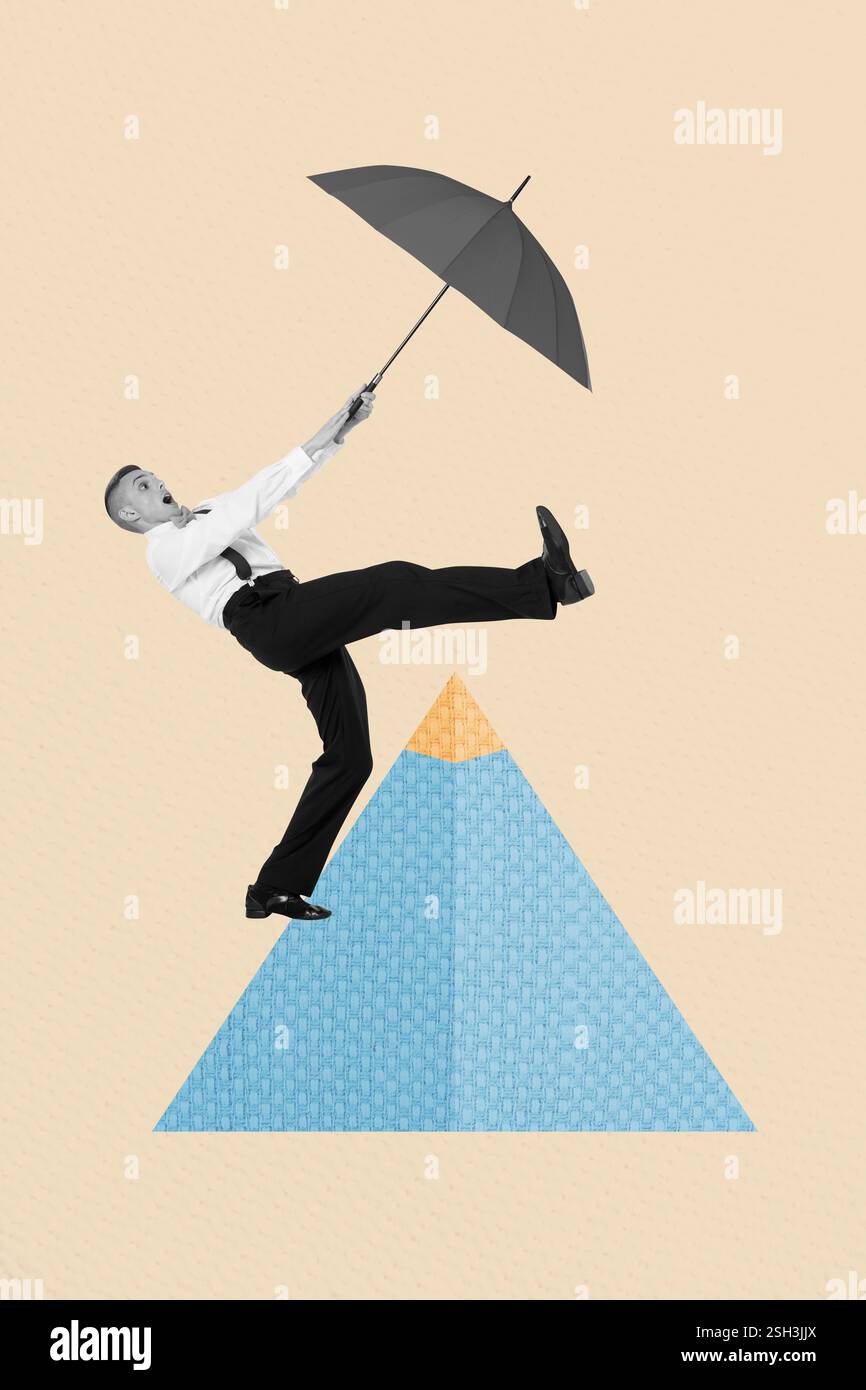 Poster image vertical photo collage of astonished businessman walk pyramid development hold ...