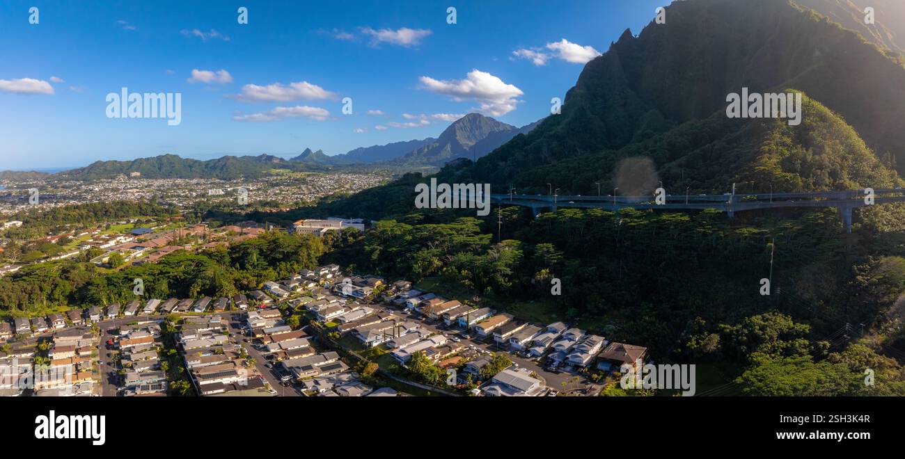 Aerial View of Oahu Residential Area, Highway, and Ko olau Mountains ...