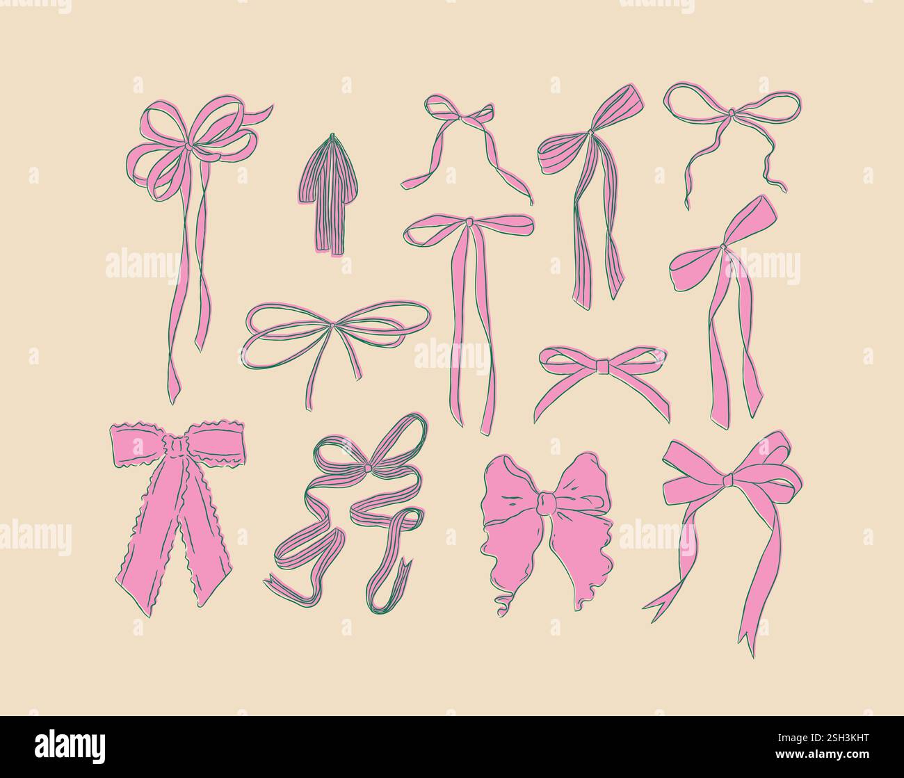 Ribbon bows hand drawn sketch drawing with blue and fill of pink on ...