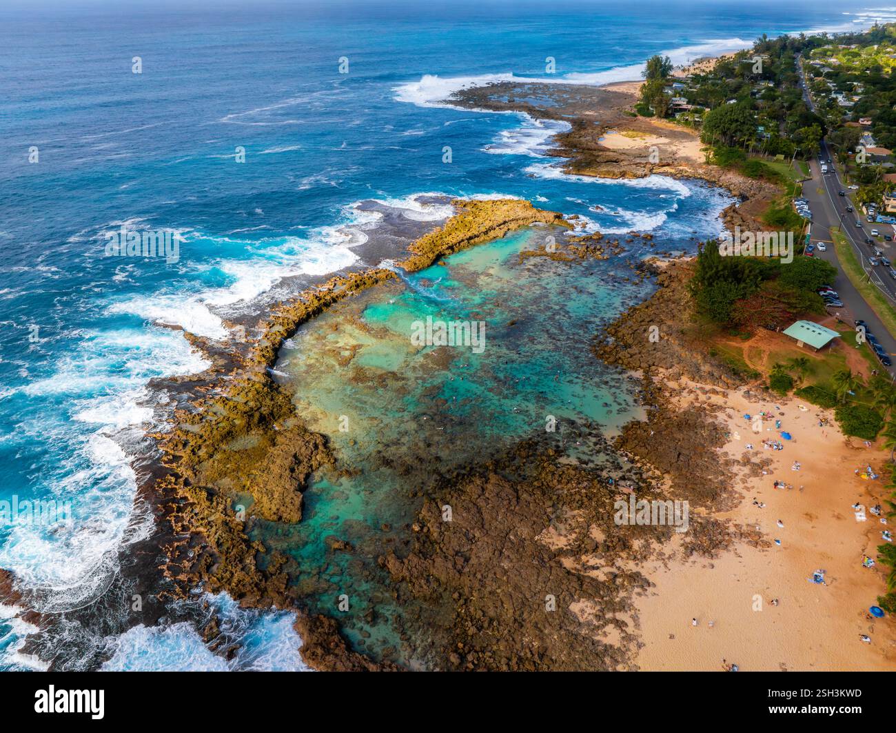 Aerial View of Turquoise Lagoon and Sandy Beach on Oahu Island, Hawaii ...
