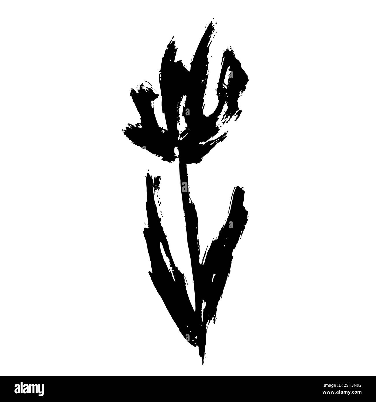 Hand Drawn Brush Flower and Leaves Silhouette. Vector Illustration ...