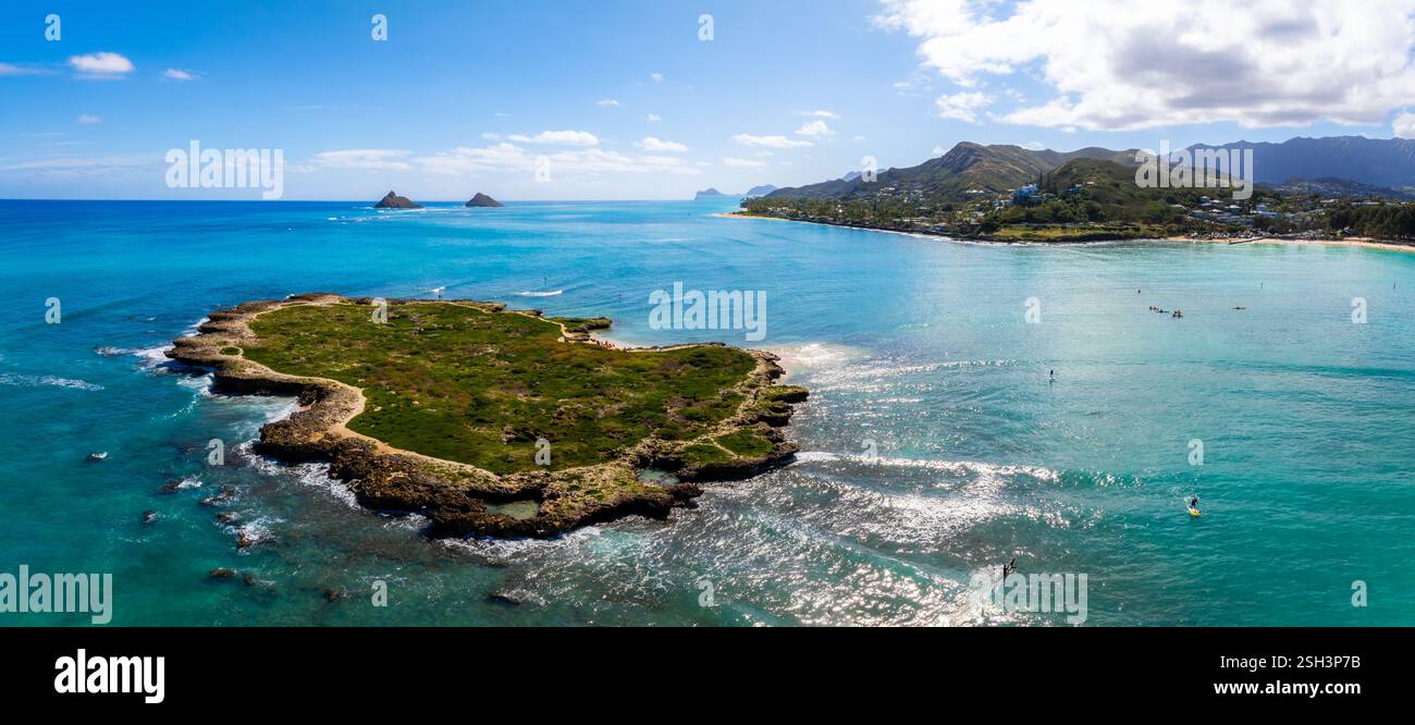Aerial View of Oahu with Mokulua Islands and Turquoise Waters Stock ...