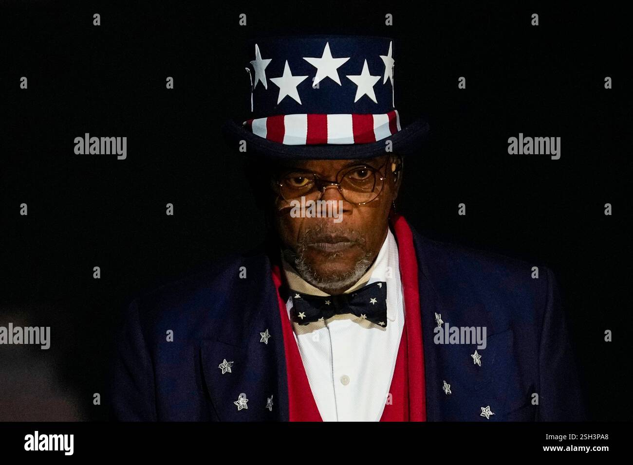 Samuel L. Jackson watches during halftime of the NFL Super Bowl 59 ...