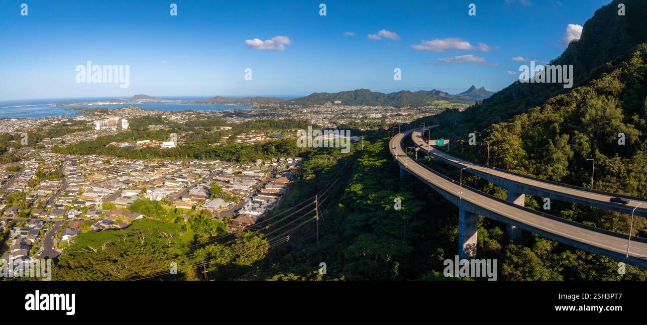 Aerial View of Oahu with Highway, Coastline, and Mountains Stock Photo ...