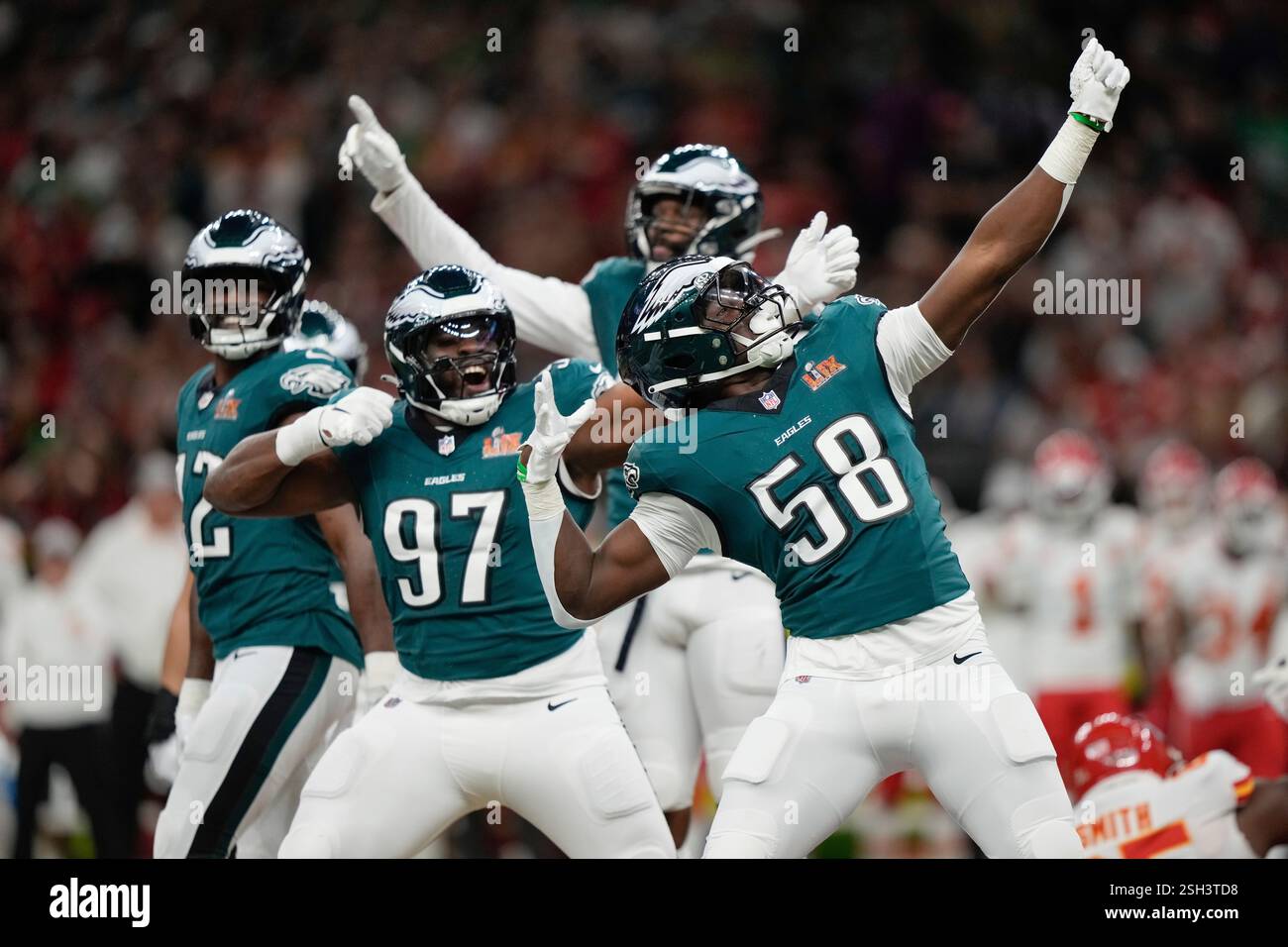 Philadelphia Eagles linebacker Jalyx Hunt (58) celebrates after sacking ...