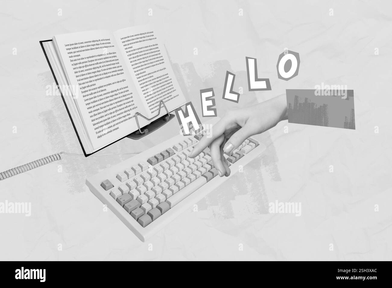 Creative collage image of hand finger typing write message keyboard ...