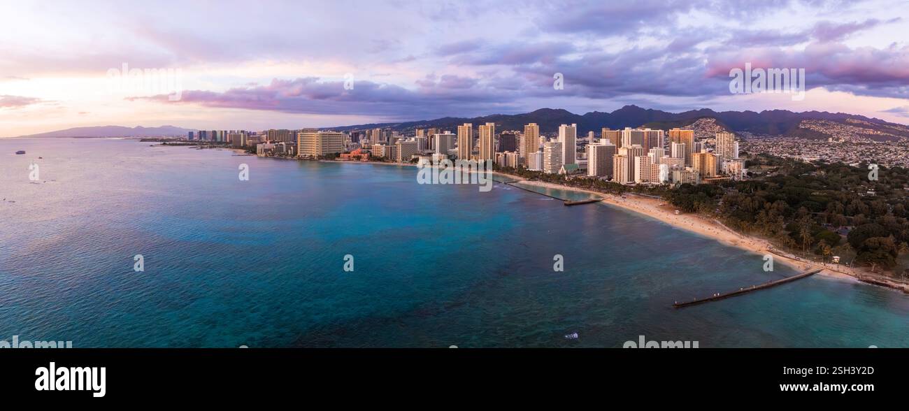 Aerial View of Waikiki Beach and Honolulu Skyline at Sunset Stock Photo ...