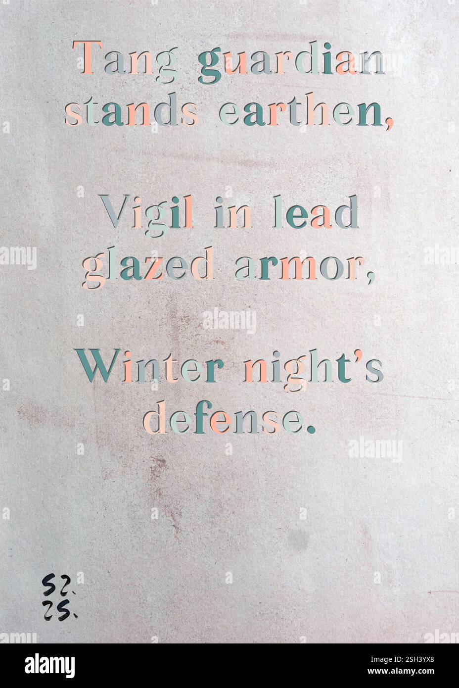 Tang guardian stands earthen, Vigil in lead glazed armor, Winter night ...