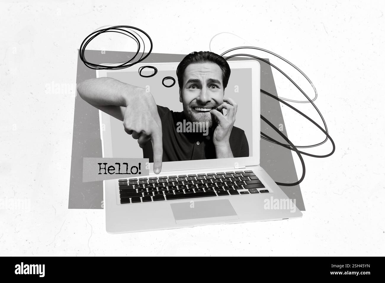 Creative collage photo illustration of scared unhappy man look from ...