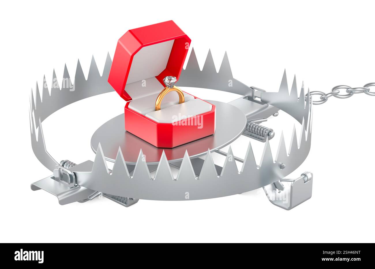 Bear trap with wedding diamond ring inside ring box, 3D rendering ...