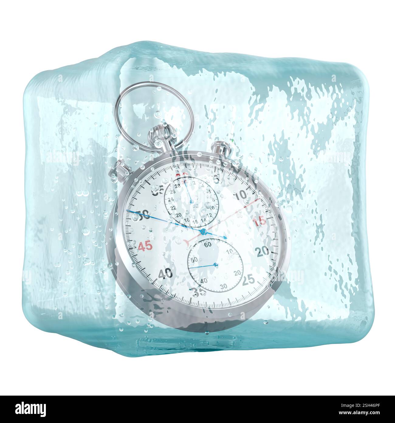 Stopwatch frozen in ice cube. Freeze time concept, 3D rendering ...