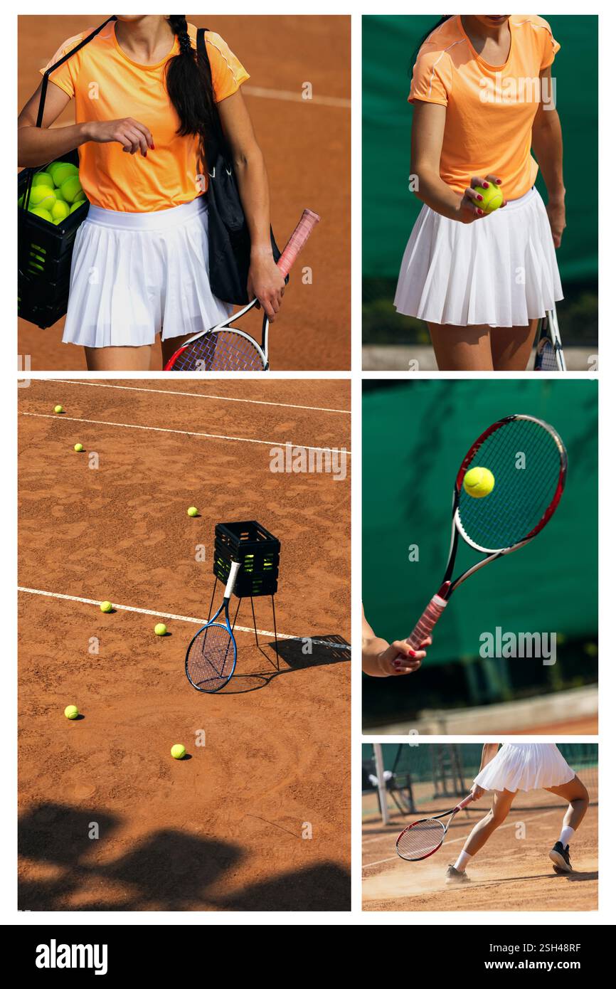 Creative moodboard. Tennis player practicing on court, focusing on ...