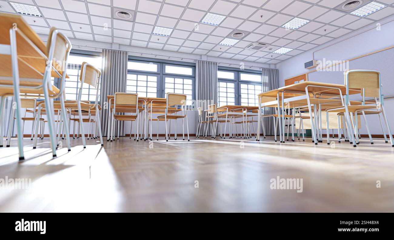 Empty classroom with wooden tables and chairs awaiting students 3d ...