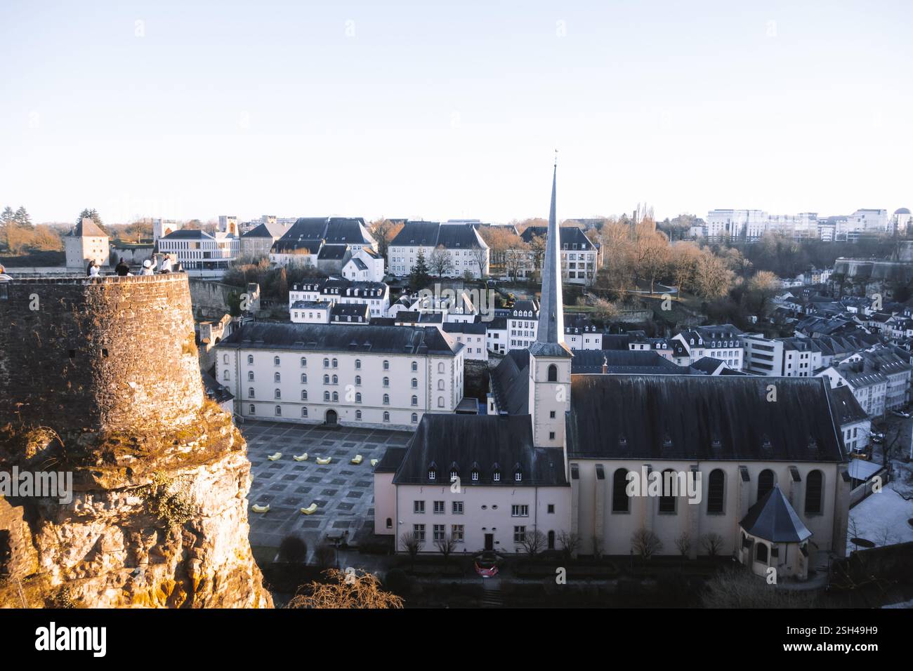Aerial panoramic view of the lower city (Grund) in Luxembourg City from ...