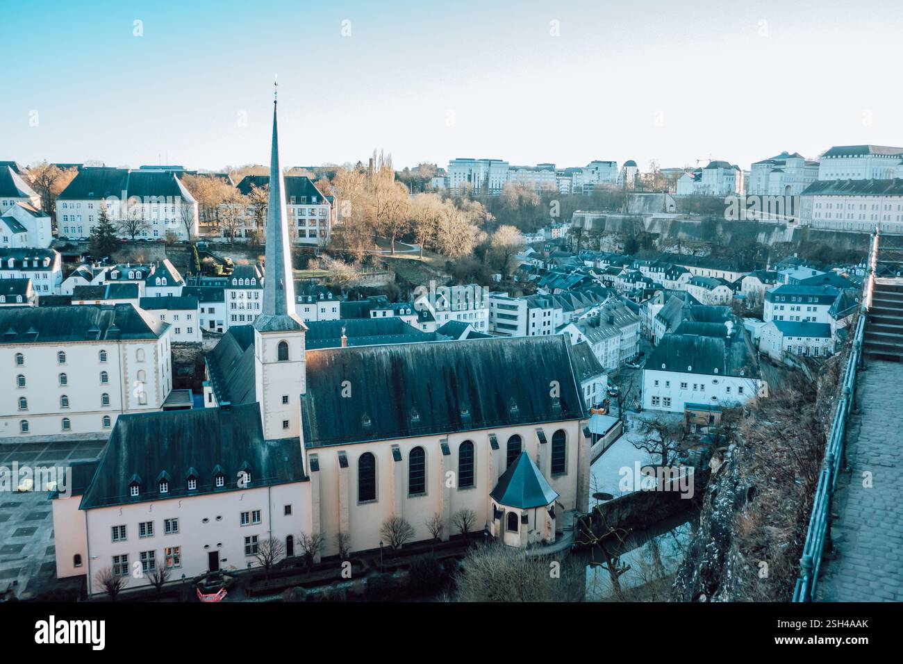 Aerial panoramic view of the lower city (Grund) in Luxembourg City from ...
