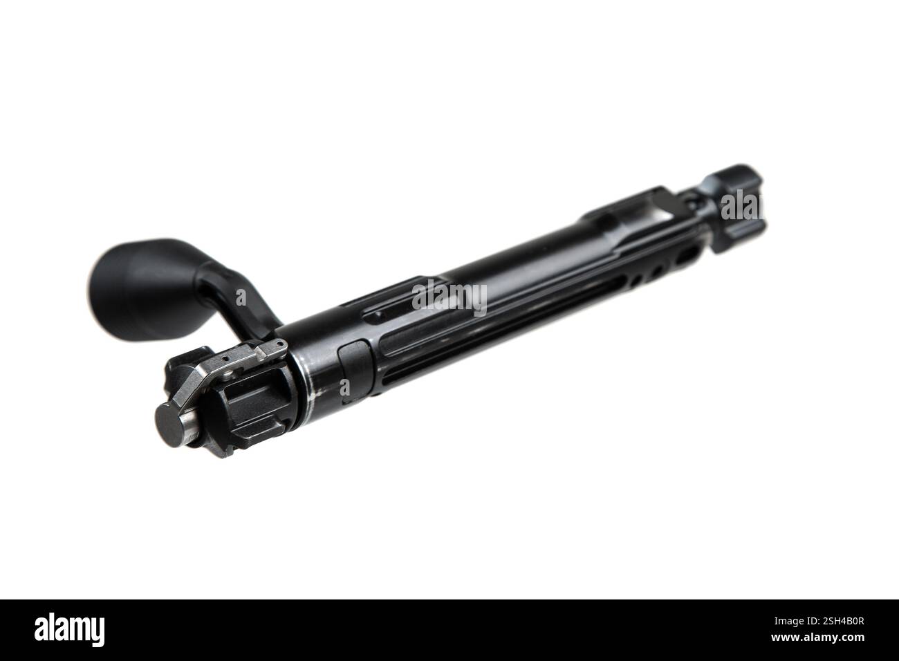 A close-up of a bolt action rifle bolt featuring a textured rubber grip ...