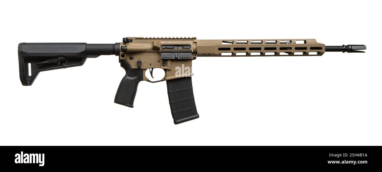 A semi-automatic rifle with a black pistol grip and a collapsible stock ...