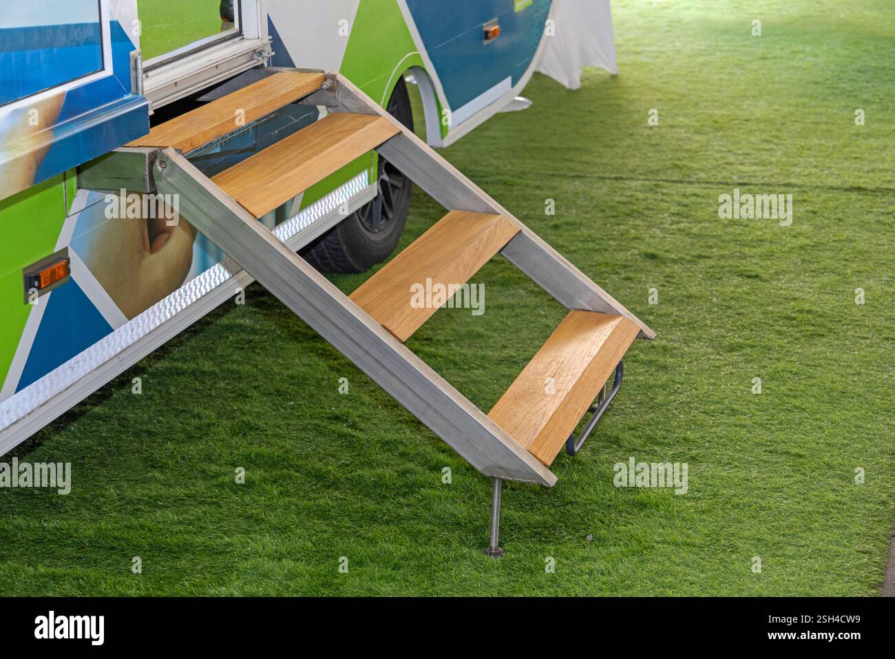 Retractable Stairs With Wooden Steps at Camper Van Stock Photo - Alamy