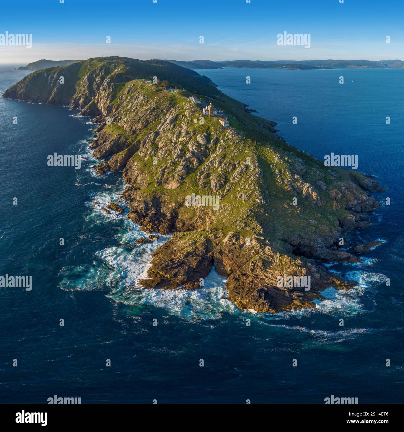 Kap Finisterre Faro de Fisterra lighthouse, buildings and coastline ...