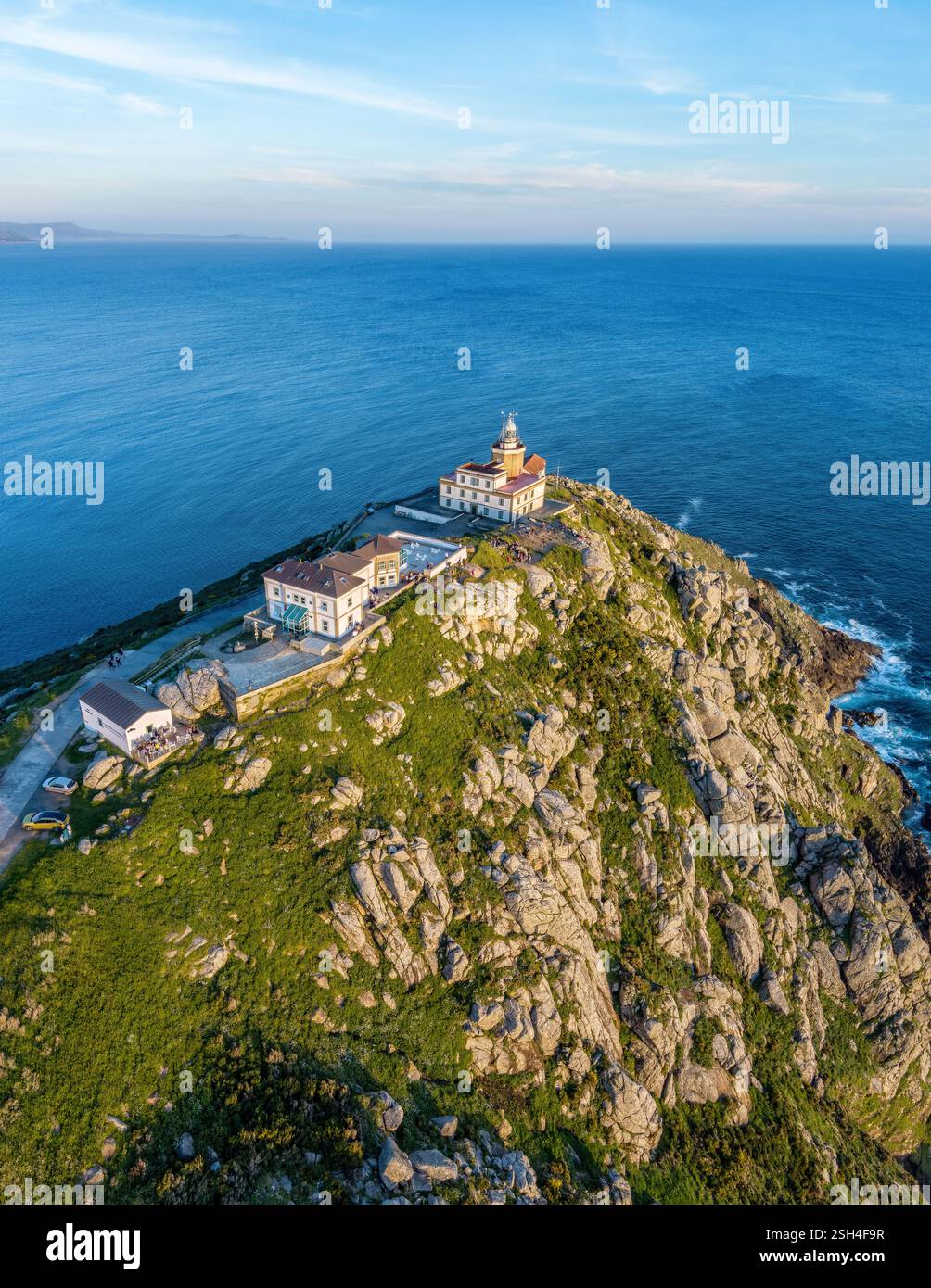 Kap Finisterre Faro de Fisterra lighthouse, buildings and coastline ...