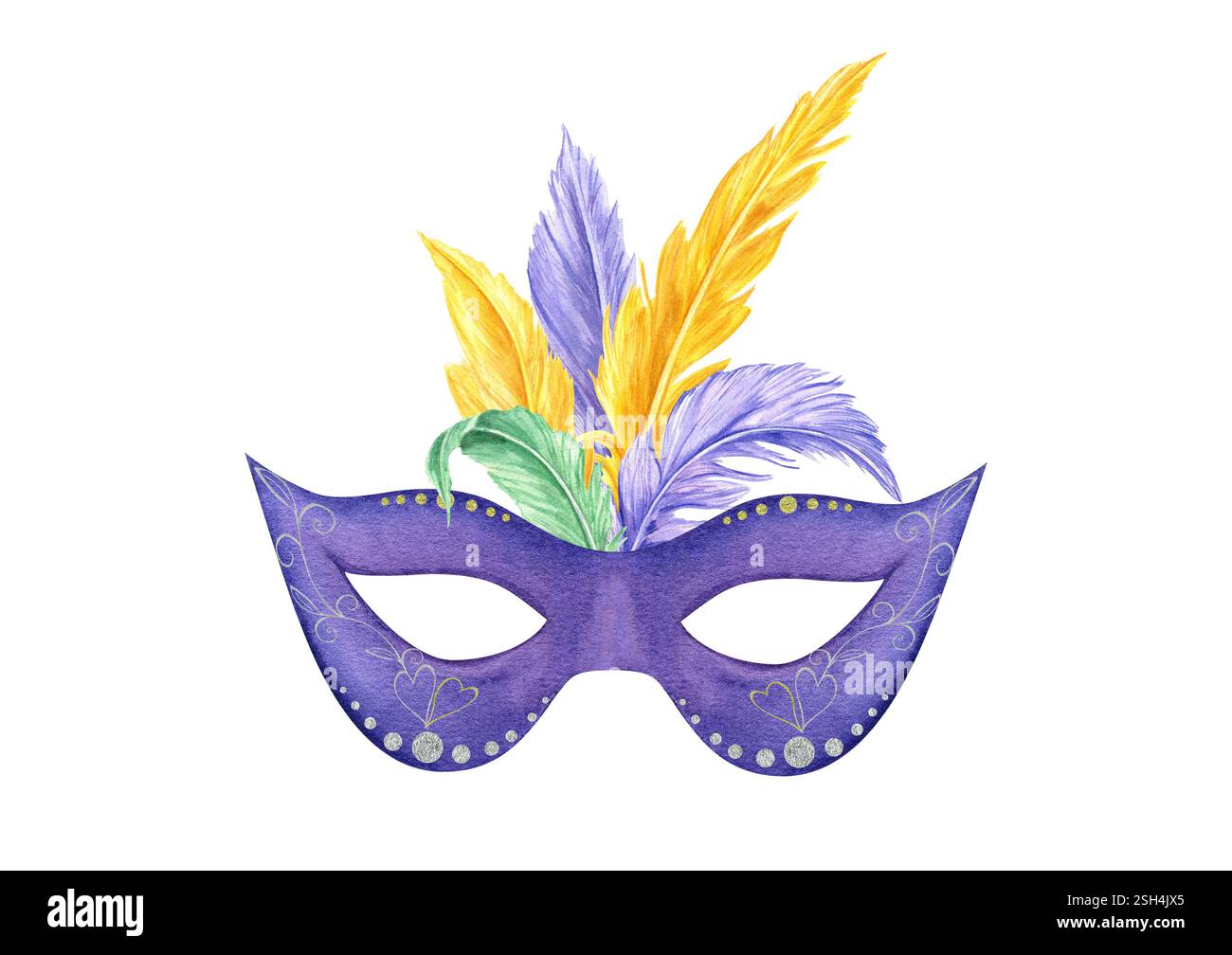 Watercolor blue carnival masquerade mask with colorful bird feathers ...