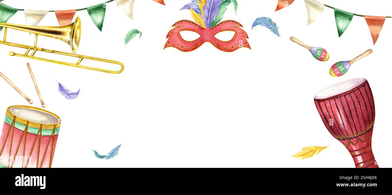 Watercolor music wind and percussion instruments, carnival mask, with ...