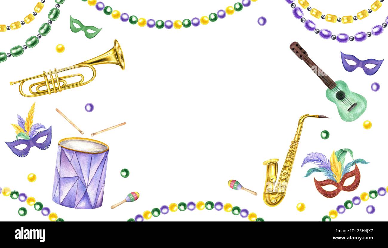 Carnival musical street party watercolor horizontal frame isolated ...