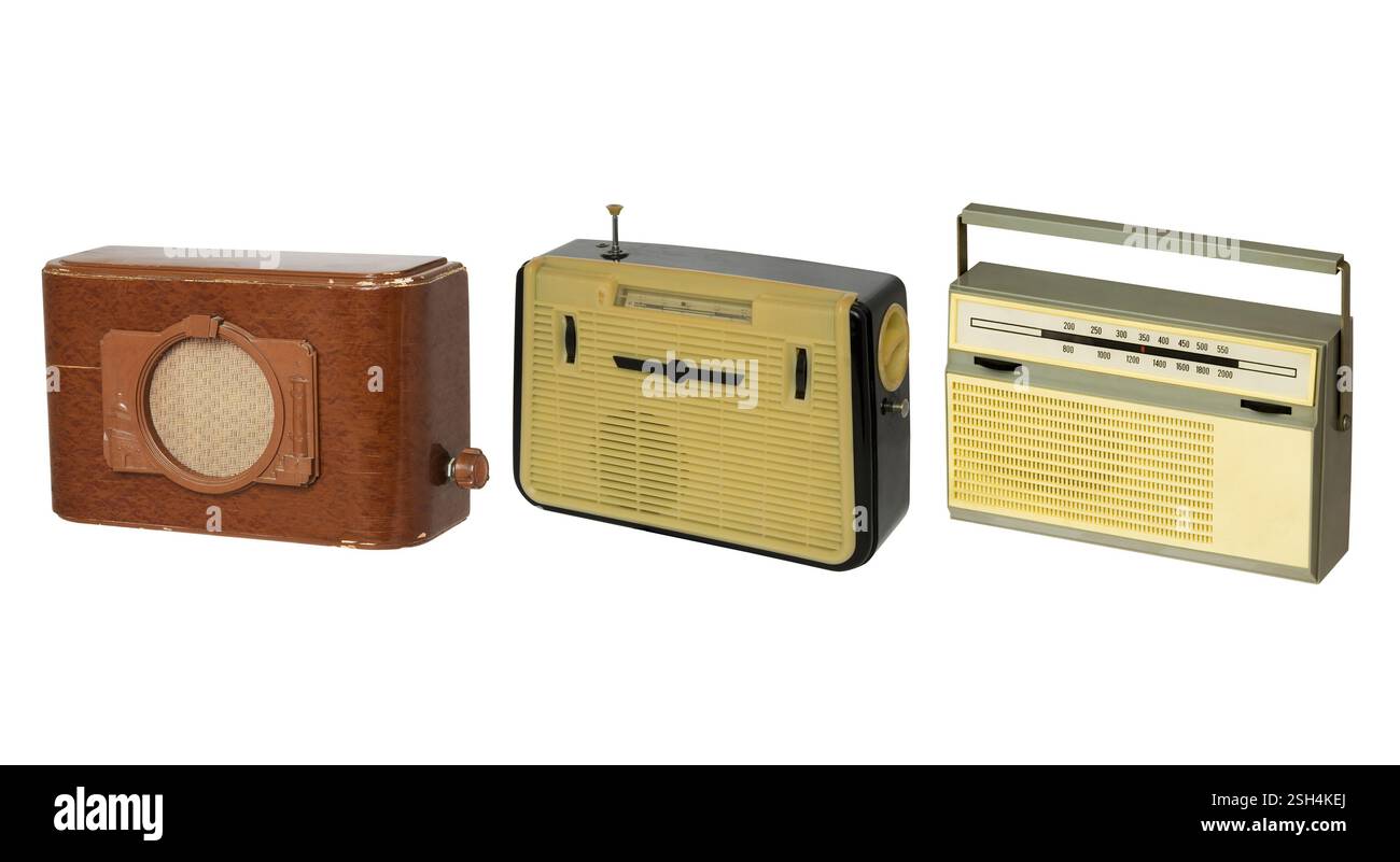 Three old fashioned radio-sets on a white background Stock Photo - Alamy