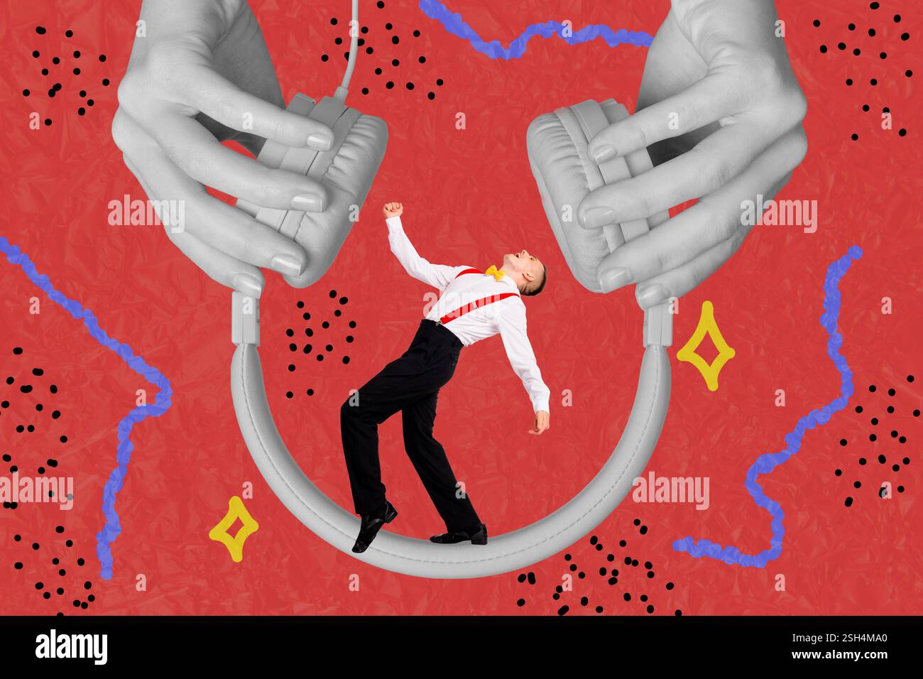 Art 3d sketch collage of excited man dandy dance headphones melody ...