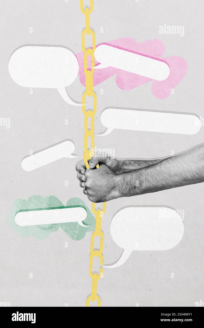 Poster image vertical photo collage of hands pull metal chain trap icon ...