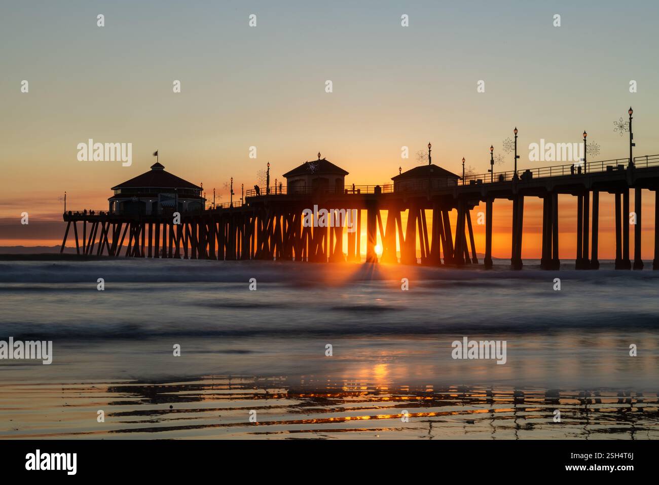 HSlow motion image of untington Beach pier in California shows the ...