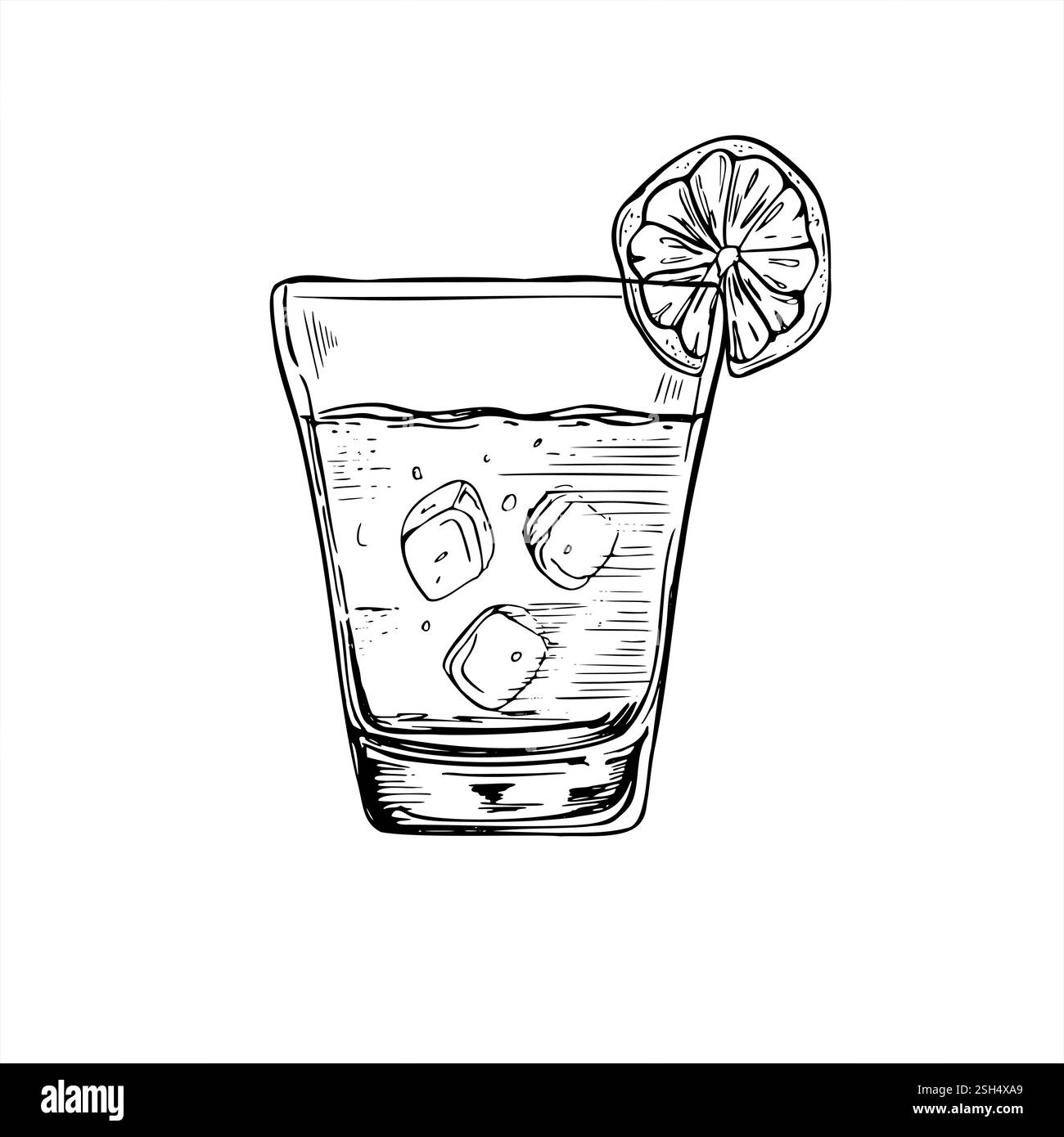 Drink with ice, citrus slice in glass vector isolated illustration painted by black inks ...