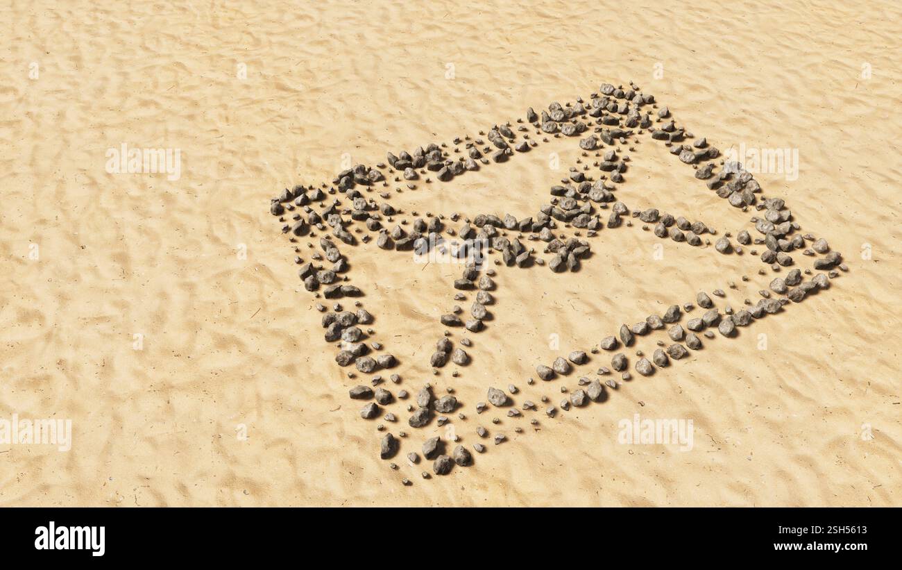 Concept conceptual stones on beach sand handmade symbol shape, golden ...