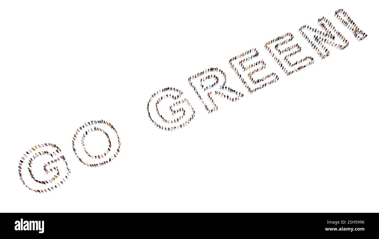 Concept or conceptual large community of people forming the GO GREEN ...