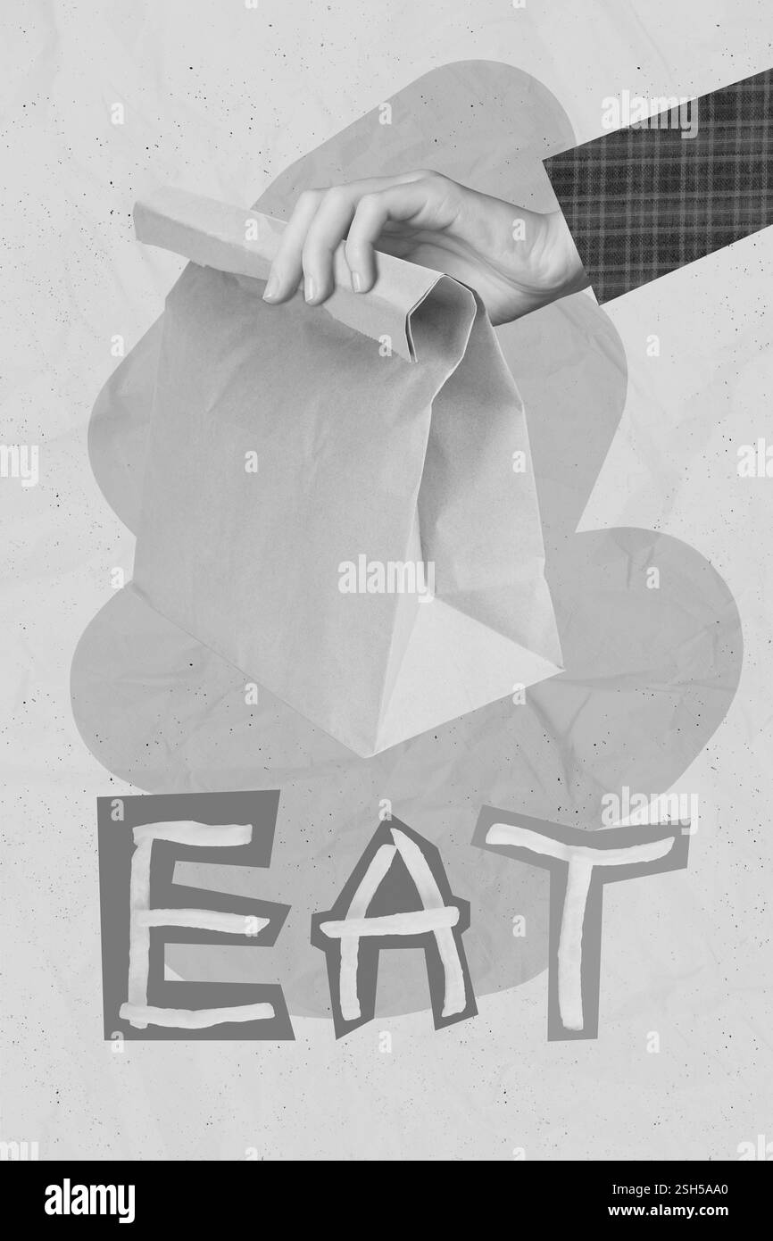 Creative photo artwork vertical collage of hand holding paper package ...